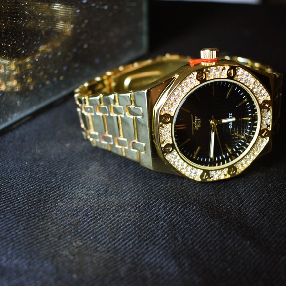 Accessories | Iced Out Octagon Shaped Black Face Dial Watch | Poshmark